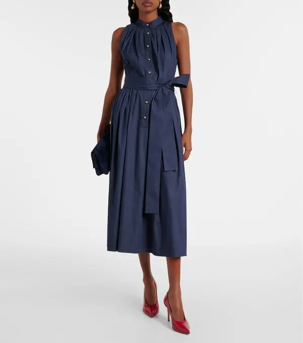 Carolina Herrera Gathered Cotton-blend Midi Dress - Blue