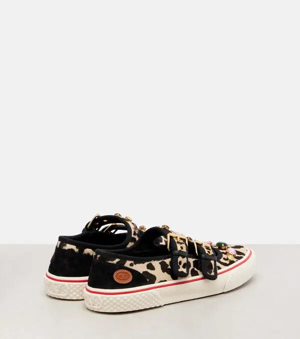 Valentino Garavani Embellished Calf Hair Sneakers - Brown
