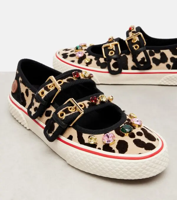 Valentino Garavani Embellished Calf Hair Sneakers - Brown