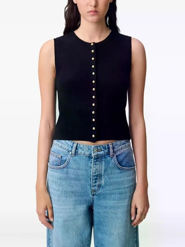 Claudie Pierlot Sleeveless Button-up Knitted Top With Gold Hemisphere Buttons