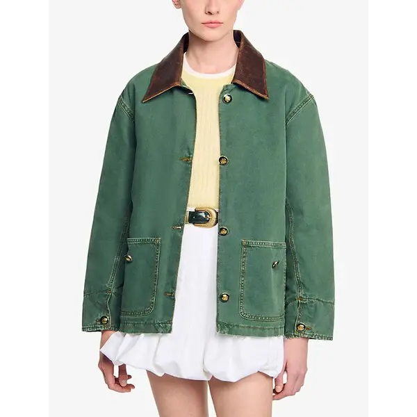 Sandro Contrast-collar Cotton Jacket - Dark Green