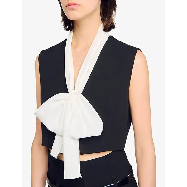Sandro Bow-neck Sleeveless Cropped Stretch-woven Top