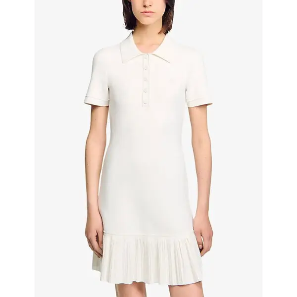 Sandro Polo-Collar Pleated-Hem Stretch-Knit Mini Dress - Ecru