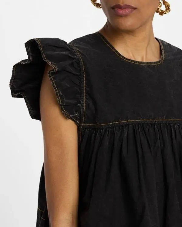 GANNI Garment-dyed Flutter-sleeve Babydoll Top - Black