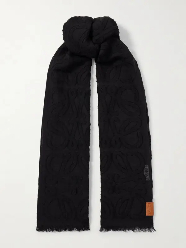 Loewe Frayed Wool And Silk-blend Jacquard Scarf - Black
