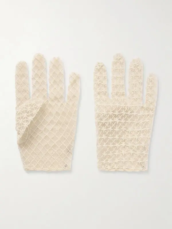 CLIO PEPPIATT Faux Pearl-embellished Embroidered Tulle Gloves - Neutrals