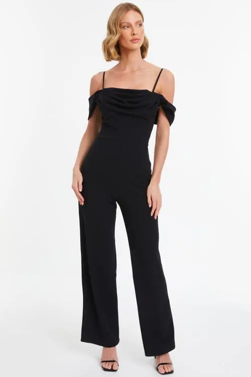 QUIZ Scuba Crepe Cold Shoulder Palazzo Jumpsuit - Black