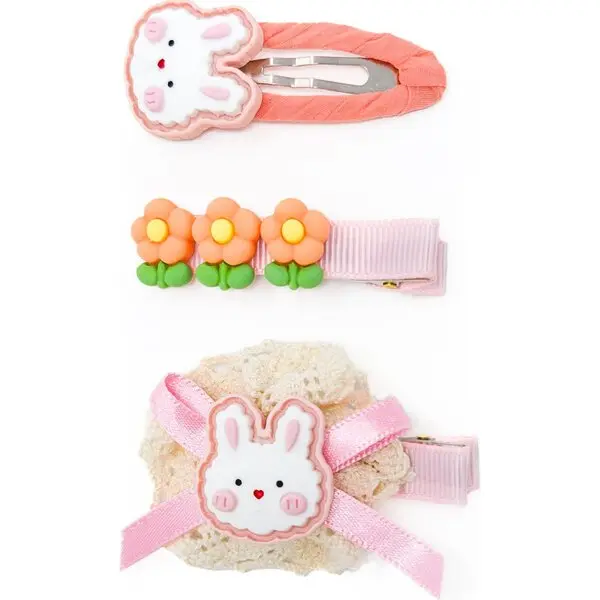 PUTTISU 3-piece Hair Clip Set With Bunny And Flower Details - Bunny Picnic Bloom -orange