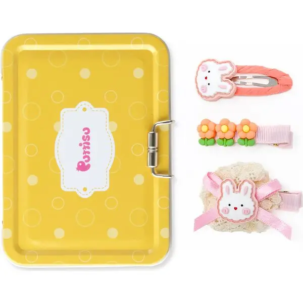 PUTTISU 3-piece Hair Clip Set With Bunny And Flower Details - Bunny Picnic Bloom -orange