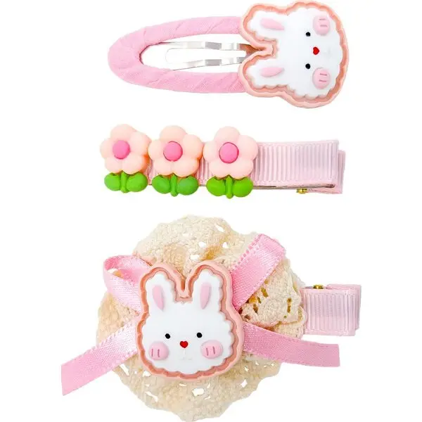 PUTTISU 3-piece Hair Clip Set With Bunny And Flower Details - Bunny Tea Party - Pink Flowers