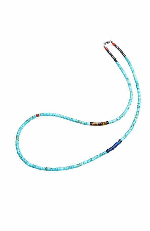 NIALAYA Tiger Eye Lapis Heishi Bead Necklace - Turquoise /brown /blue