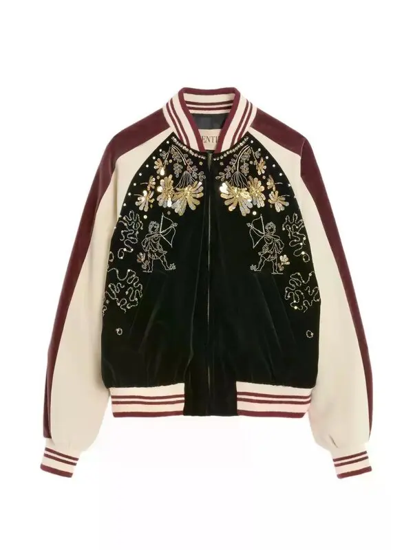 Valentino Garavani Embroidered Velour Bomber Jacket - Black