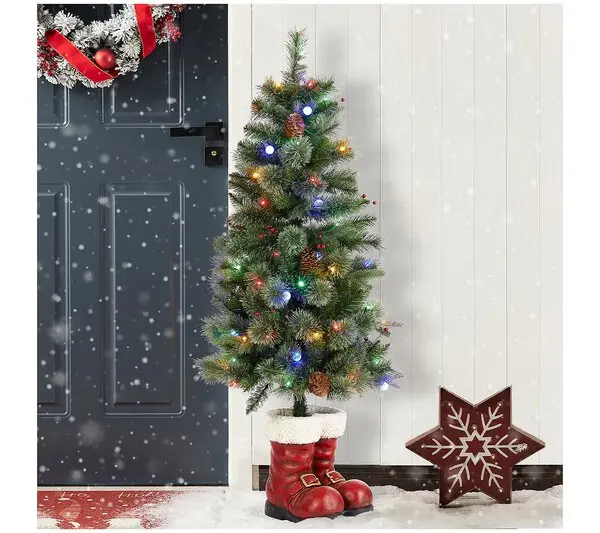 GLITZHOME 4.5' Led Porch Faux Christmas Tree Wi Th Santa Boots - One-color