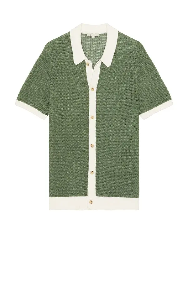 Onia Linen Short Sleeve Button Up Knit Shirt In Green - Seaspray & White