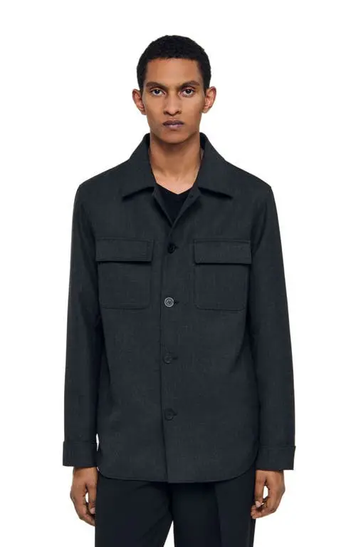 Sandro Wool Overshirt With Pockets - Dark Grey