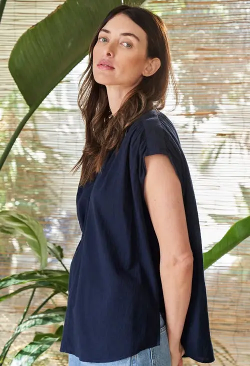 OCEAN+MAIN Sleeveless Top With Rouched Shoulder Detail - Navy