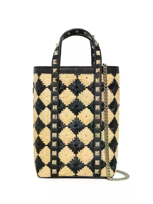 Valentino Garavani Mini Tote With Embroidered Raffia And Rockstud Chain