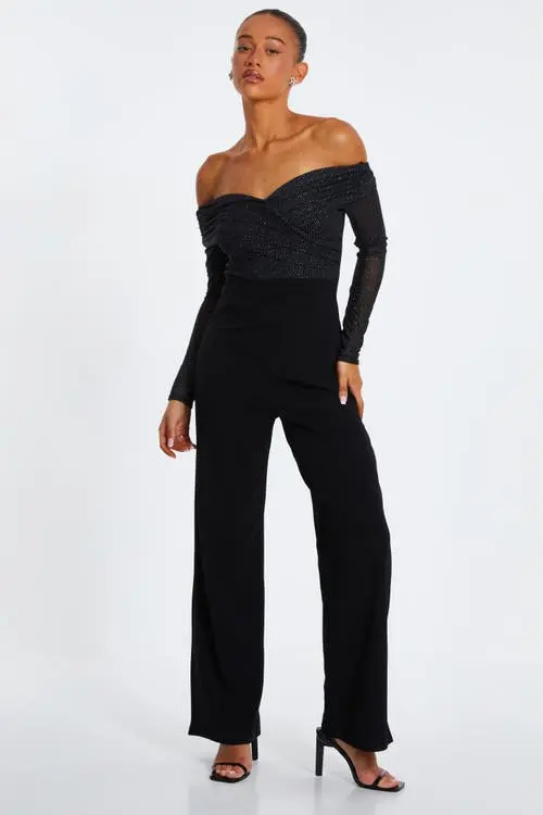 QUIZ Glitter Mesh Bardot Scuba Crepe Palazzo Jumpsuit - Black