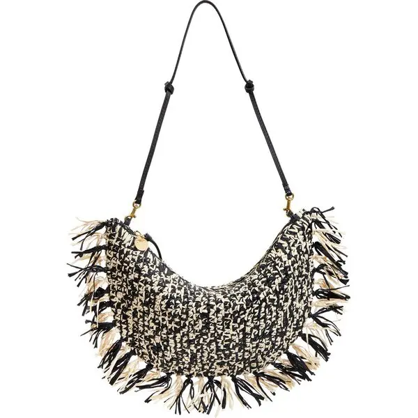 Clare V. Lune Raffia Shoulder Bag With Fringe - Black/cream Raffia W/fringe