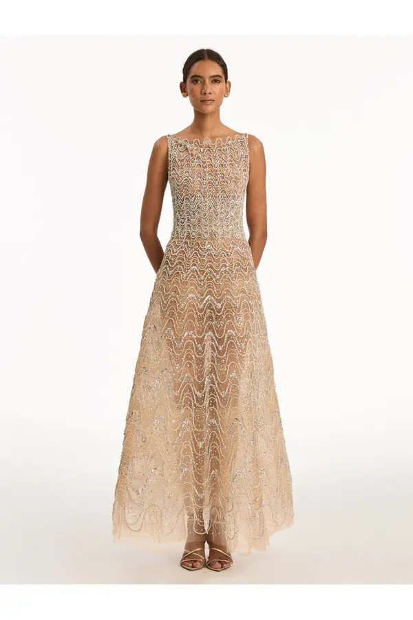 Oscar de La Renta Crystal Wave Embroidered Cocktail Dress - Silver