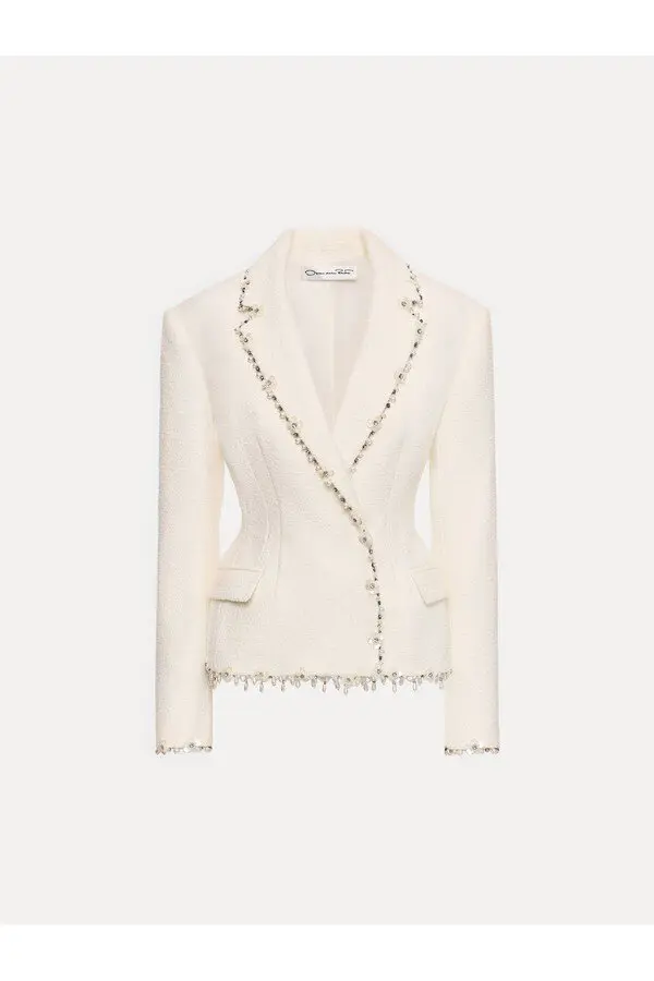 Oscar De La Renta Jeweled Fringe Tweed Jacket - Floral