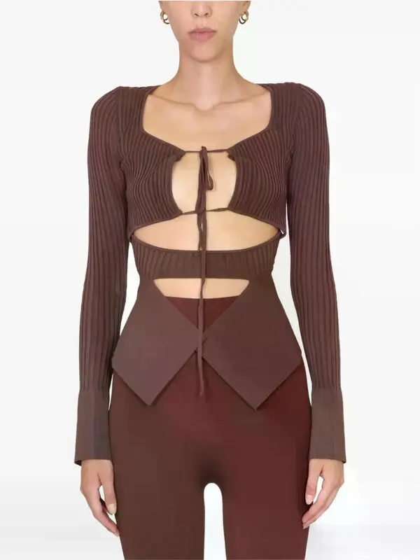 ANDREĀDAMO Tie-front Ribbed Top - Brown