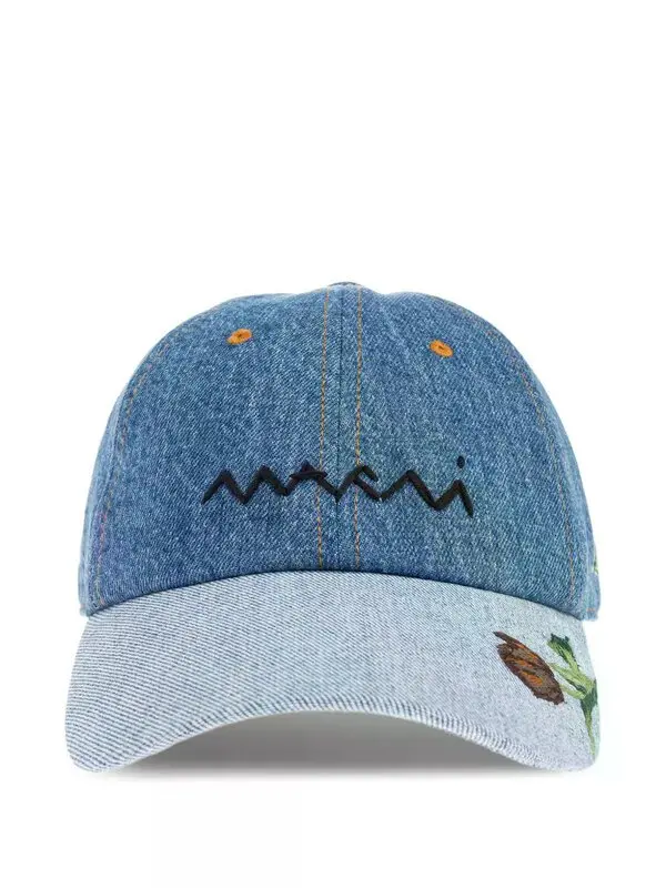 Marni Embroidered Denim Cap - Blue