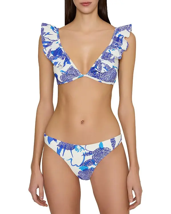 MILLY Floral Print Ruffled Bikini Top - Blue Multi
