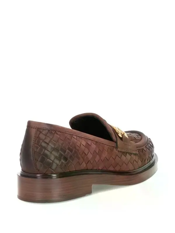 LA ROSE Woven Leather Loafers With Gold-tone Detailing - Brown