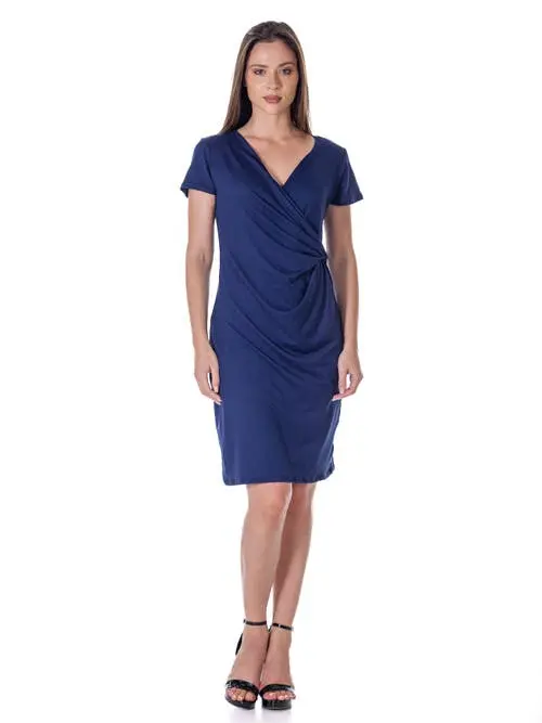 24SEVEN COMFORT APPAREL Petite Faux Wrap Knee Length Dress - Navy