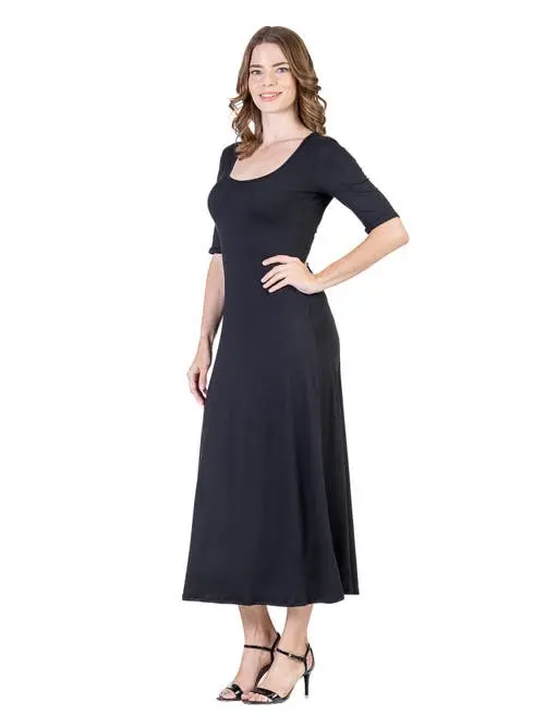 24SEVEN COMFORT APPAREL Petite Maxi A-line Dress - Black
