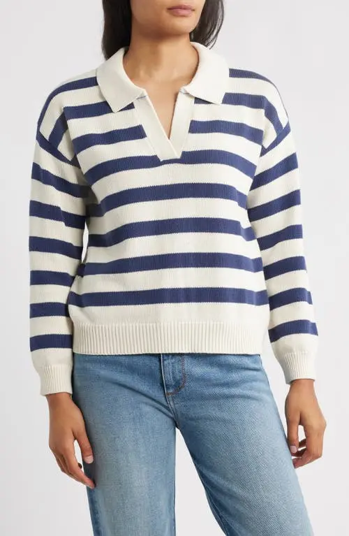 HATLEY Striped Johnny Collar Sweater - Navy
