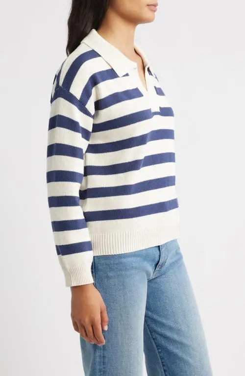 HATLEY Striped Johnny Collar Sweater - Navy