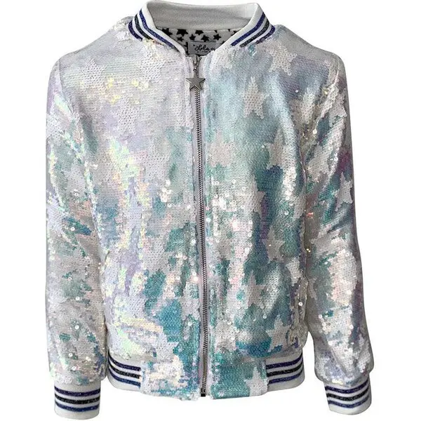 LOLA + THE BOYS Iridescent Star Sequin Bomber - White