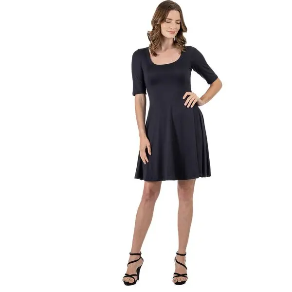 24SEVEN COMFORT APPAREL A-line Knee Length Dress With Elbow Length Sleeves - Black