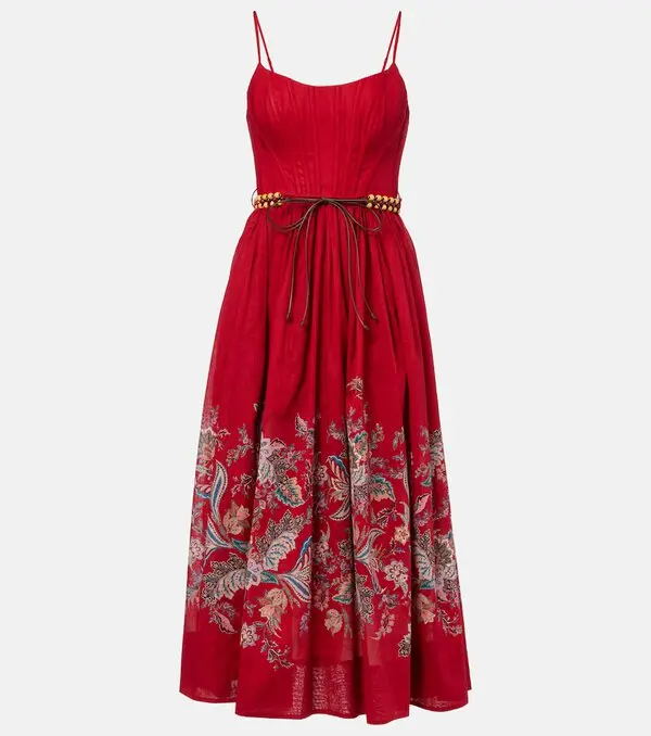 Zimmermann Rhiannon Gathered Paisley Cotton Midi Dress - Red