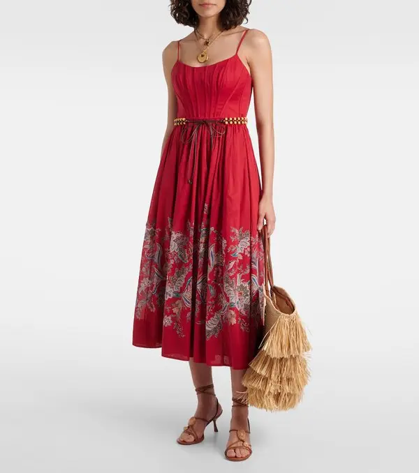 Zimmermann Rhiannon Gathered Paisley Cotton Midi Dress - Red
