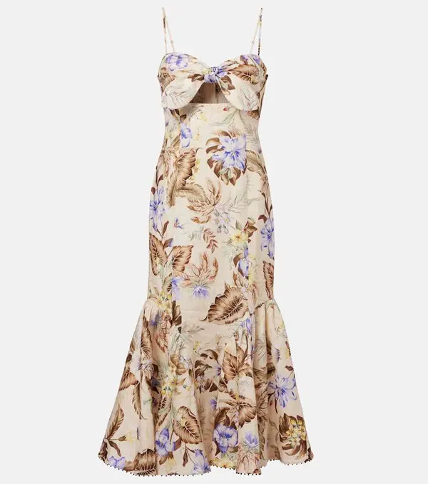 Zimmermann Coco Bow-detailed Floral Linen Midi Dress - Multicoloured
