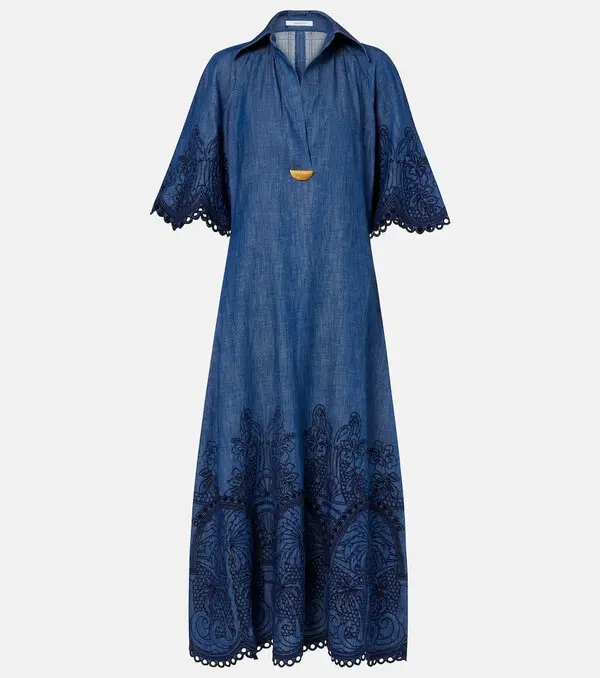 Zimmermann Coco Embroidered Denim Maxi Dress - Blue