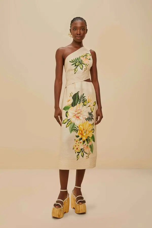 Farm Rio Floral Print Linen Midi Dress - Garden Cascade Sand | Editorialist