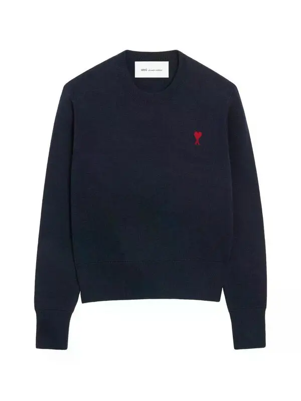 AMI Paris Merino Wool Crewneck Sweater With Embroidered De Coeur - Blue