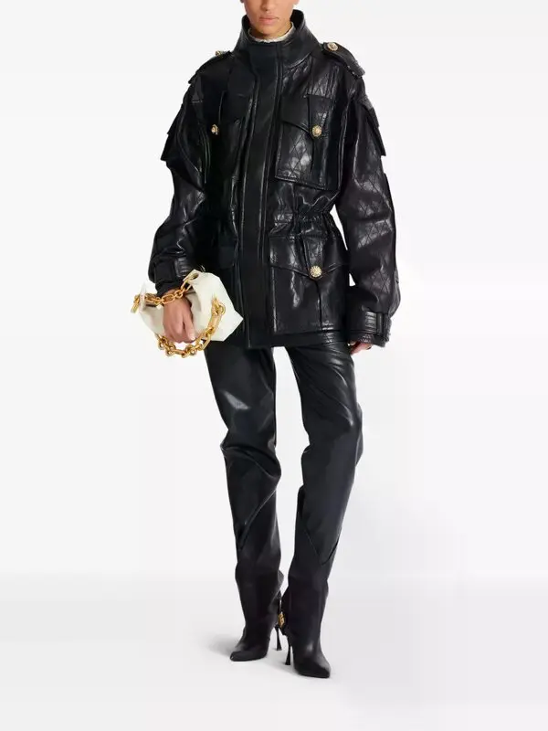 Balmain Diamond-stitched Leather Parka Coat