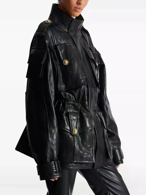 Balmain Diamond-stitched Leather Parka Coat
