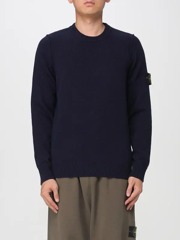 Stone Island Virgin Wool Crewneck Jumper With Compass Logo Patch - Blue