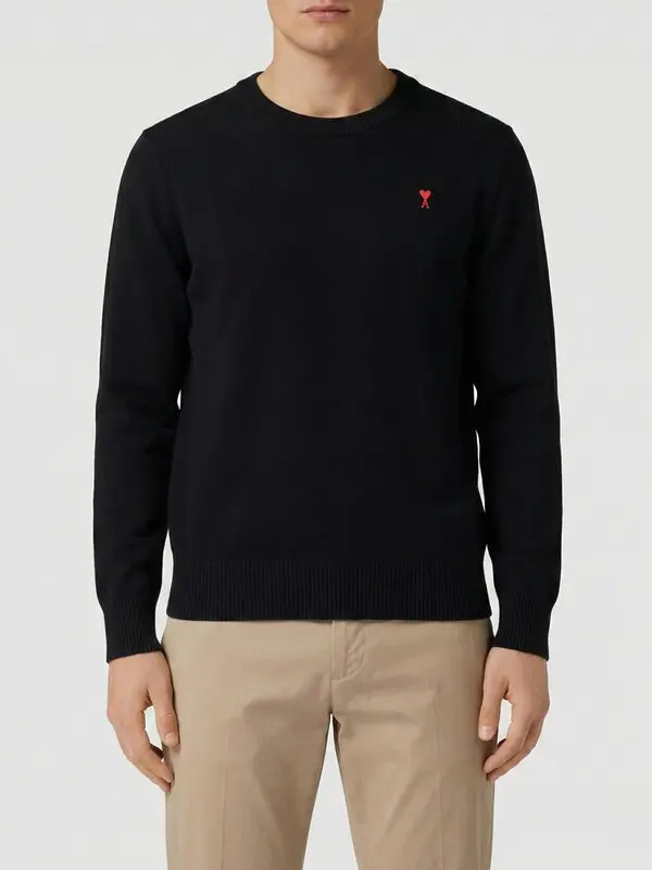AMI Paris Wool Crew Neck Jumper With Embroidered Logo - Black
