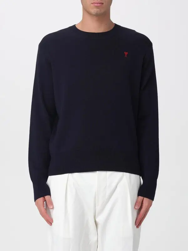 AMI Paris Crewneck Wool Jumper With De Coeur Logo Embroidery - Blue