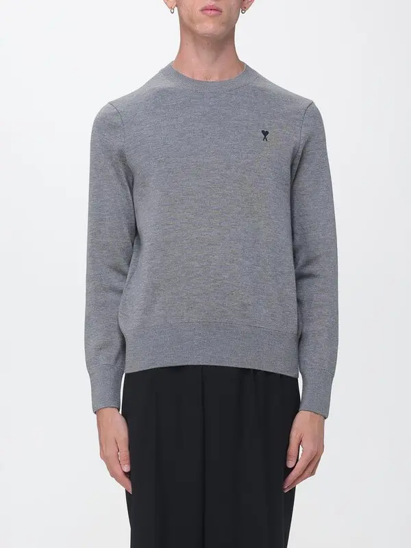 AMI Paris Crewneck Wool Jumper With De Coeur Logo Embroidery - Grey