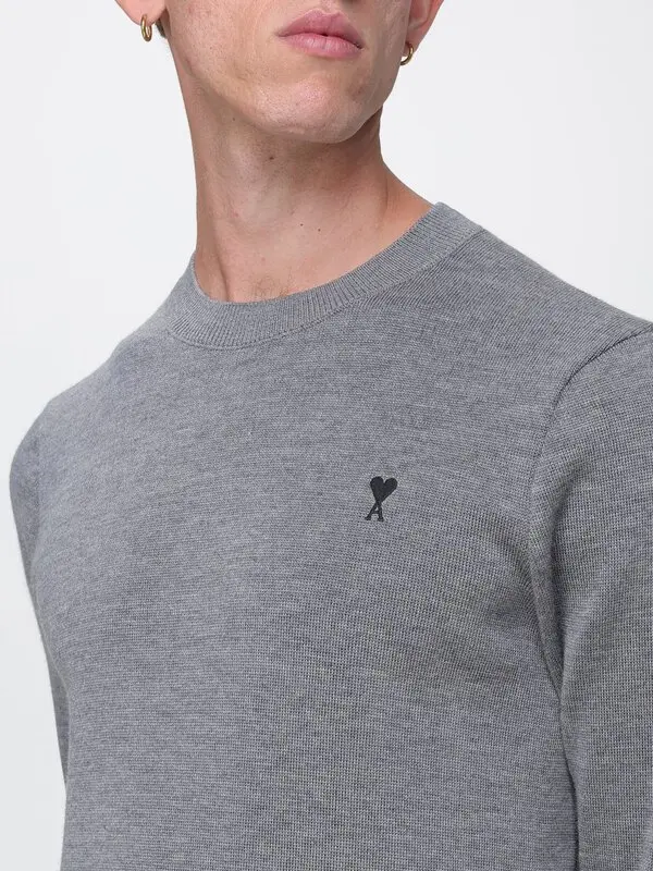 AMI Paris Crewneck Wool Jumper With De Coeur Logo Embroidery - Grey