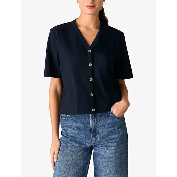 Whistles Cotton-jersey Button-through T-shirt - Navy