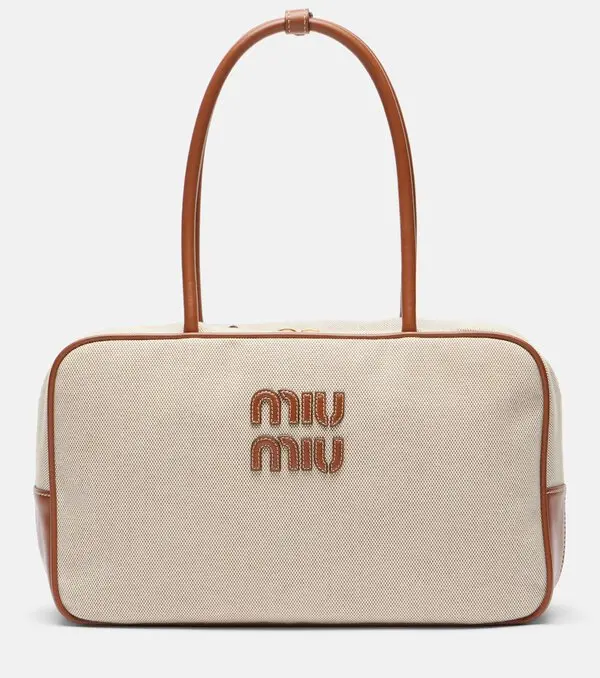 Miu Miu Beau Leather-trimmed Canvas Tote Bag - Beige